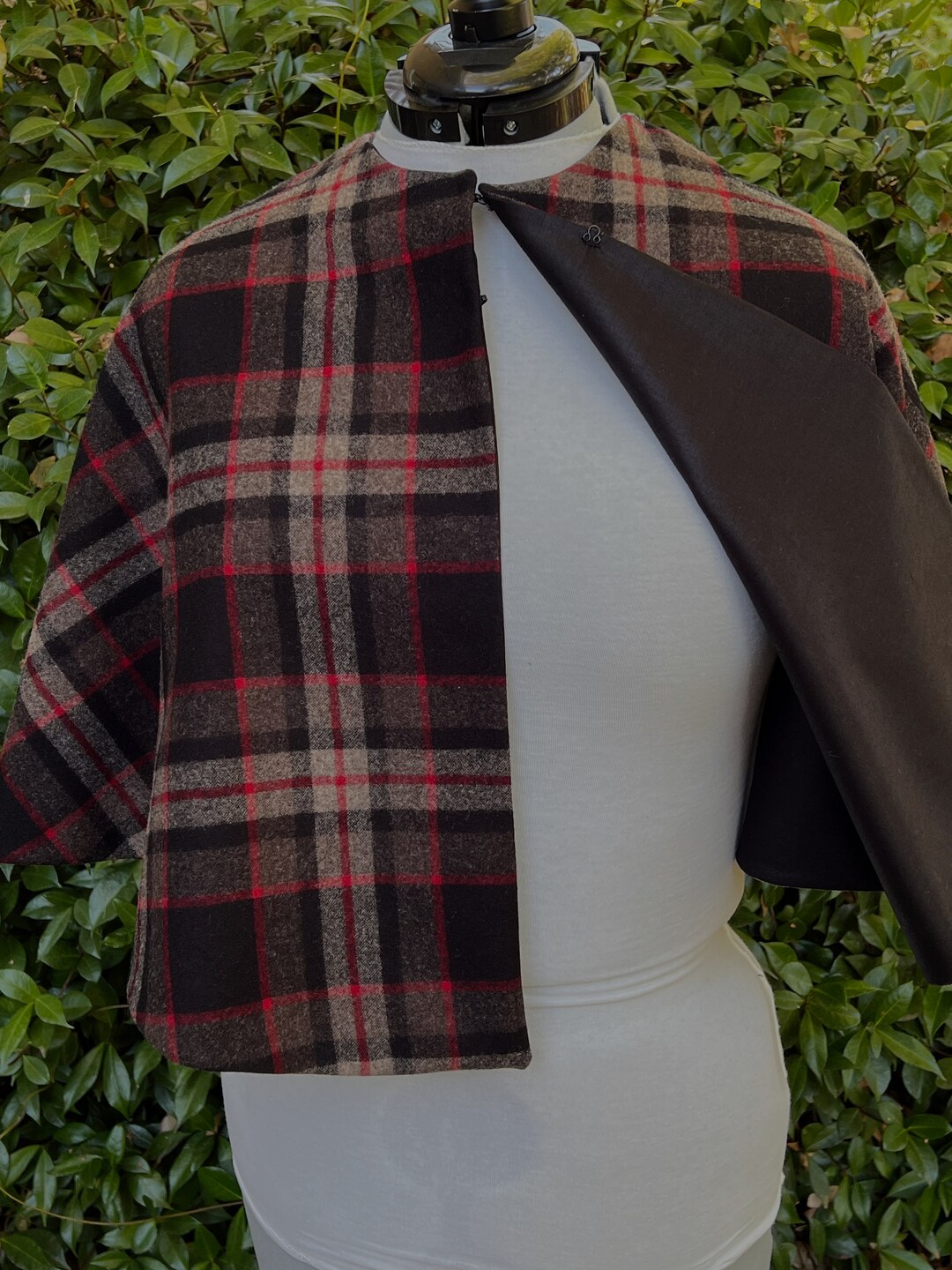 Black, Gray and Red Wool Plaid Pelerine, Capelet, Short Cape, Mantle ...