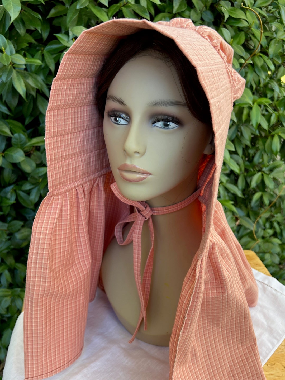 Bonnet - 19th Century Slat Bonnet Style in Peach Pink and White Cotton ...