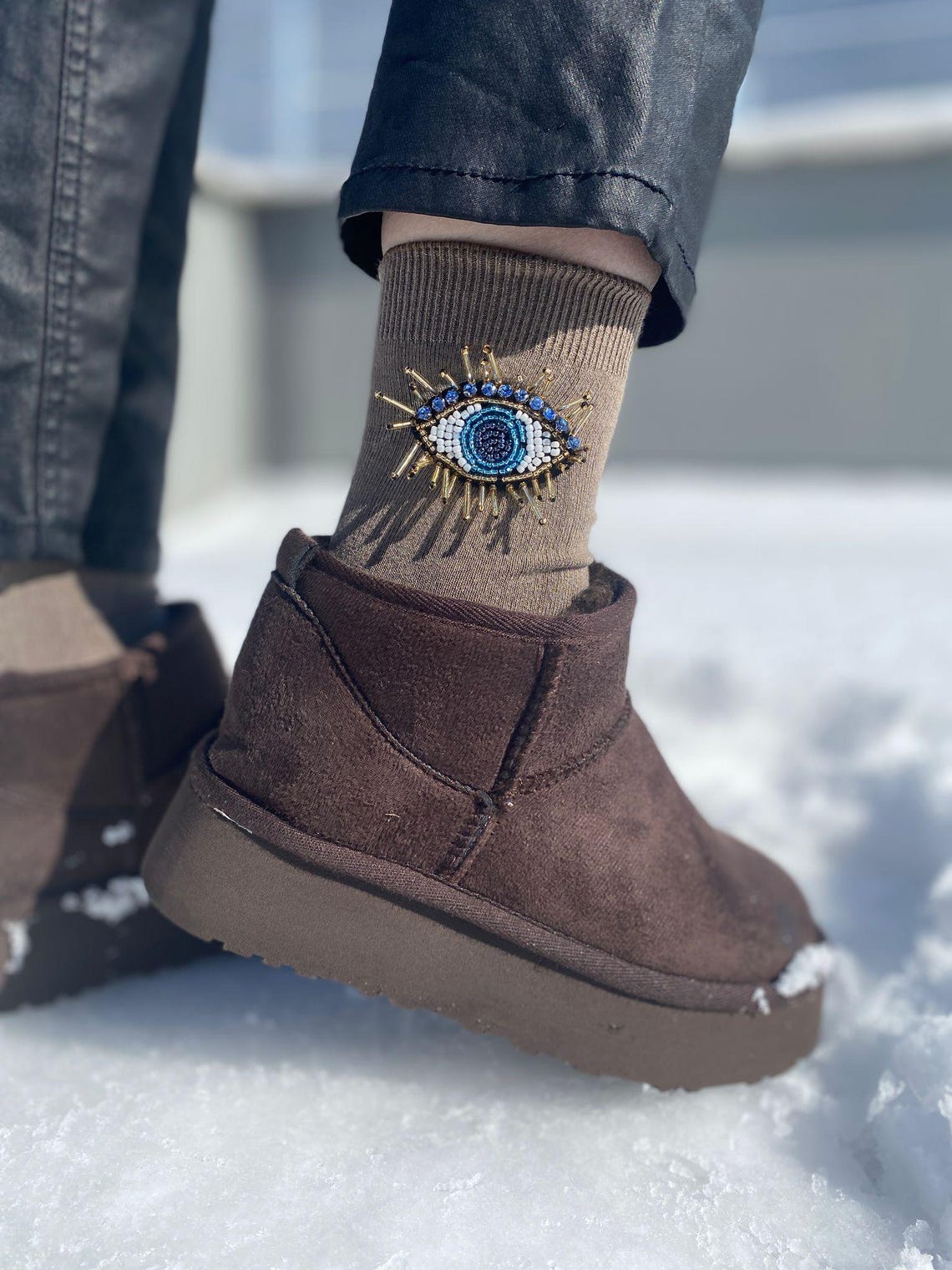 Handmade Evil Eye Beaded Socks – Blue & Gold Embroidered Ankle Socks ...
