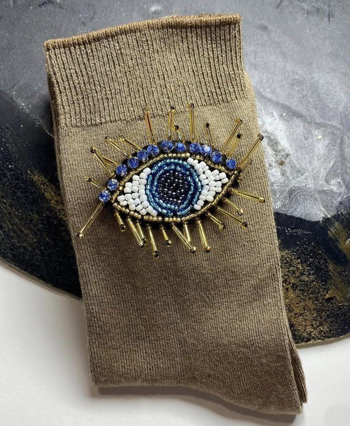 Handmade Evil Eye Beaded Socks – Blue & Gold Embroidered Ankle Socks ...