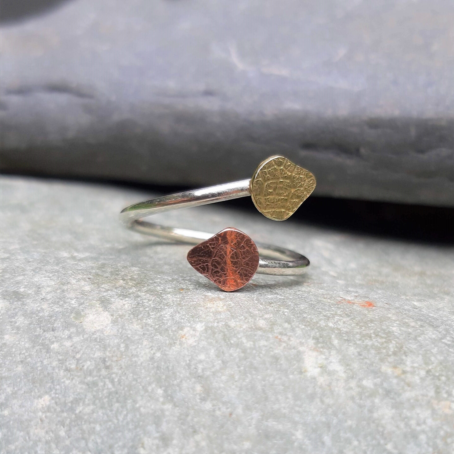 Adjustable silver ring with copper and brass textured leaf: | Etsy