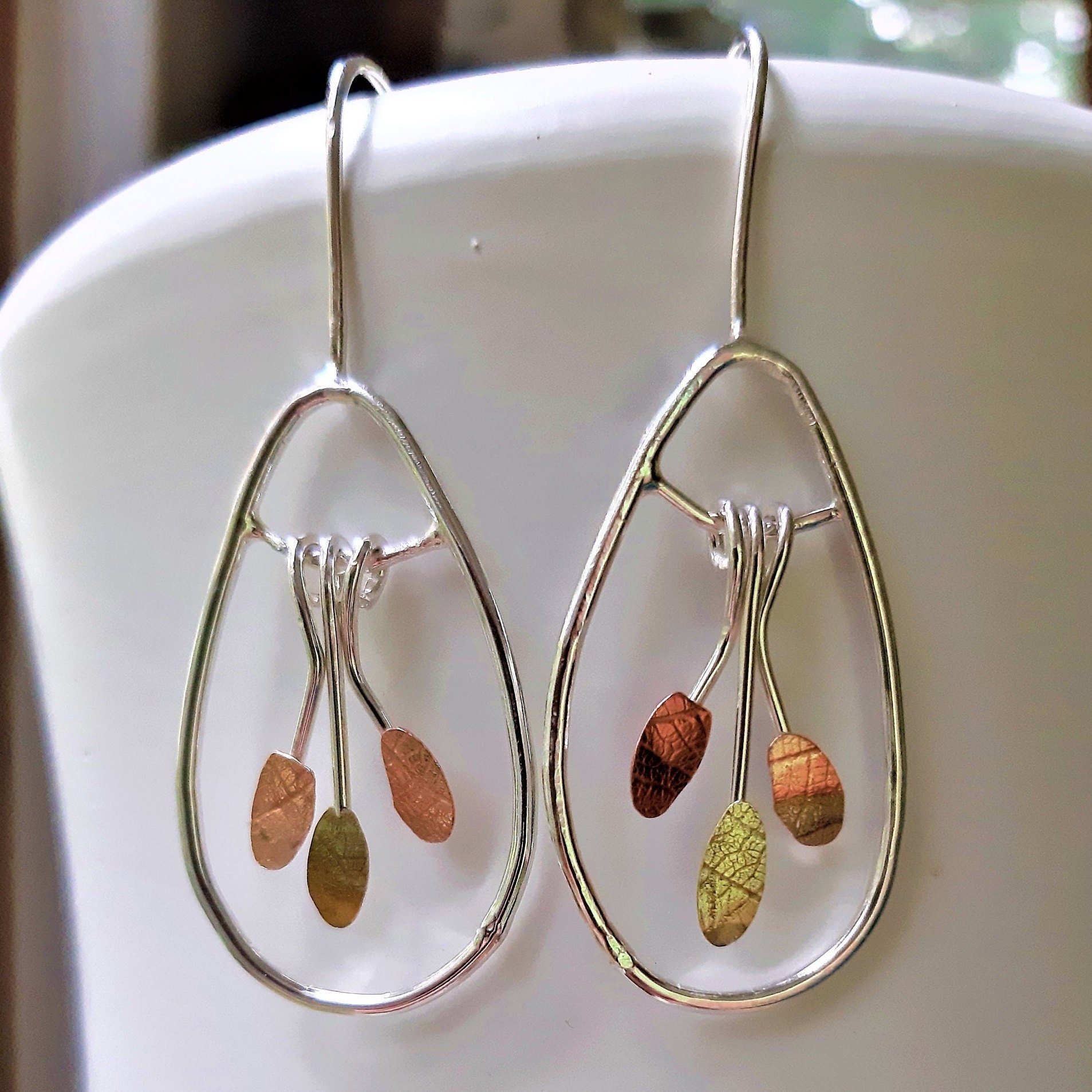 Leaf-textured Leaf-shaped Silver Wire Drop Earrings : | Etsy