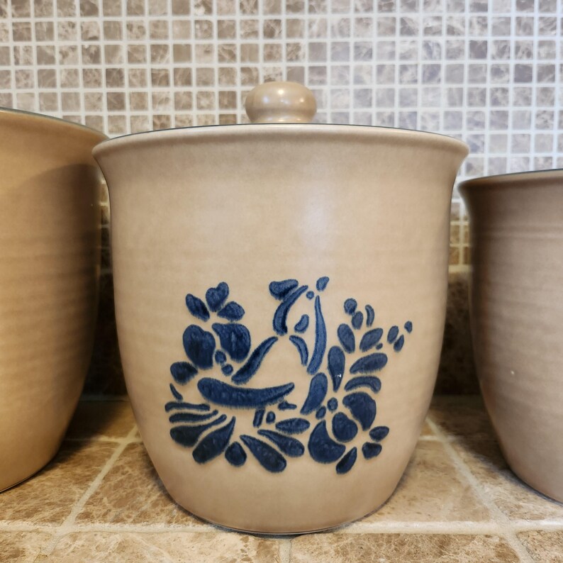 Vintage Pfaltzgraff Folk Art Canister Set | 4-piece Blue Bird Stoneware ...