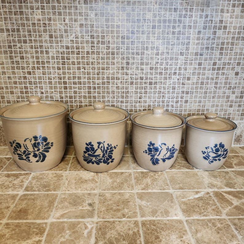 Vintage Pfaltzgraff Folk Art Canister Set | 4-piece Blue Bird Stoneware ...