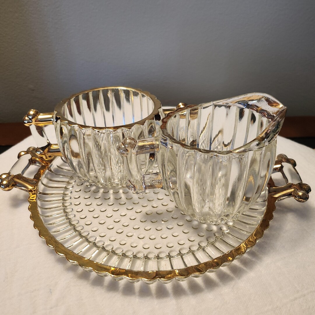 Vintage Jeanette Glass Creamer & Sugar Set With Tray | 1960s Gold Trim ...