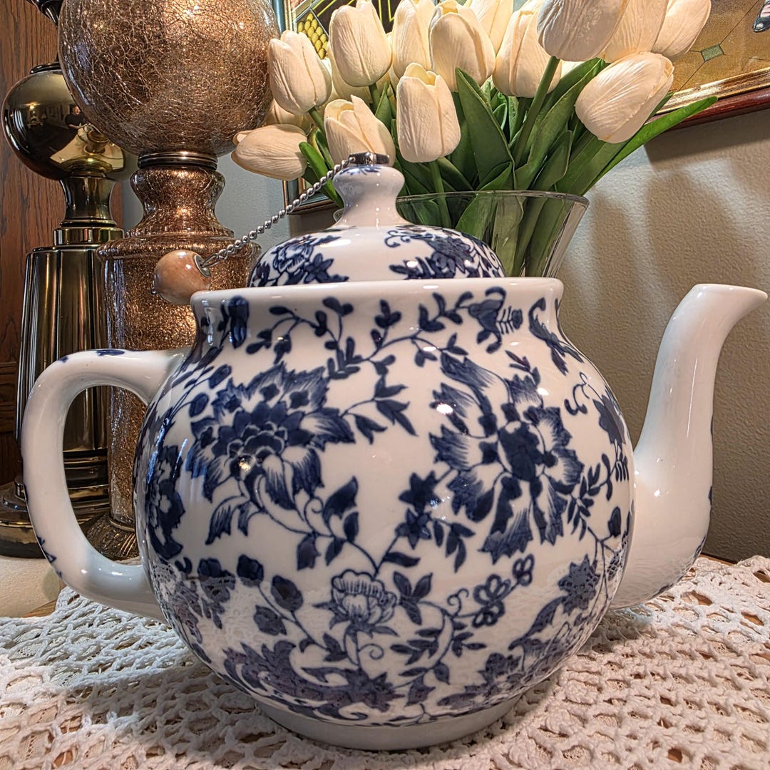 Vintage Blue Floral Porcelain Teapot | Built-in Infuser, Gift-ready - Etsy