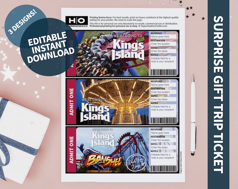 Kings Island Gift Trip Mock Ticket. Instant Download. Editable PDF ...