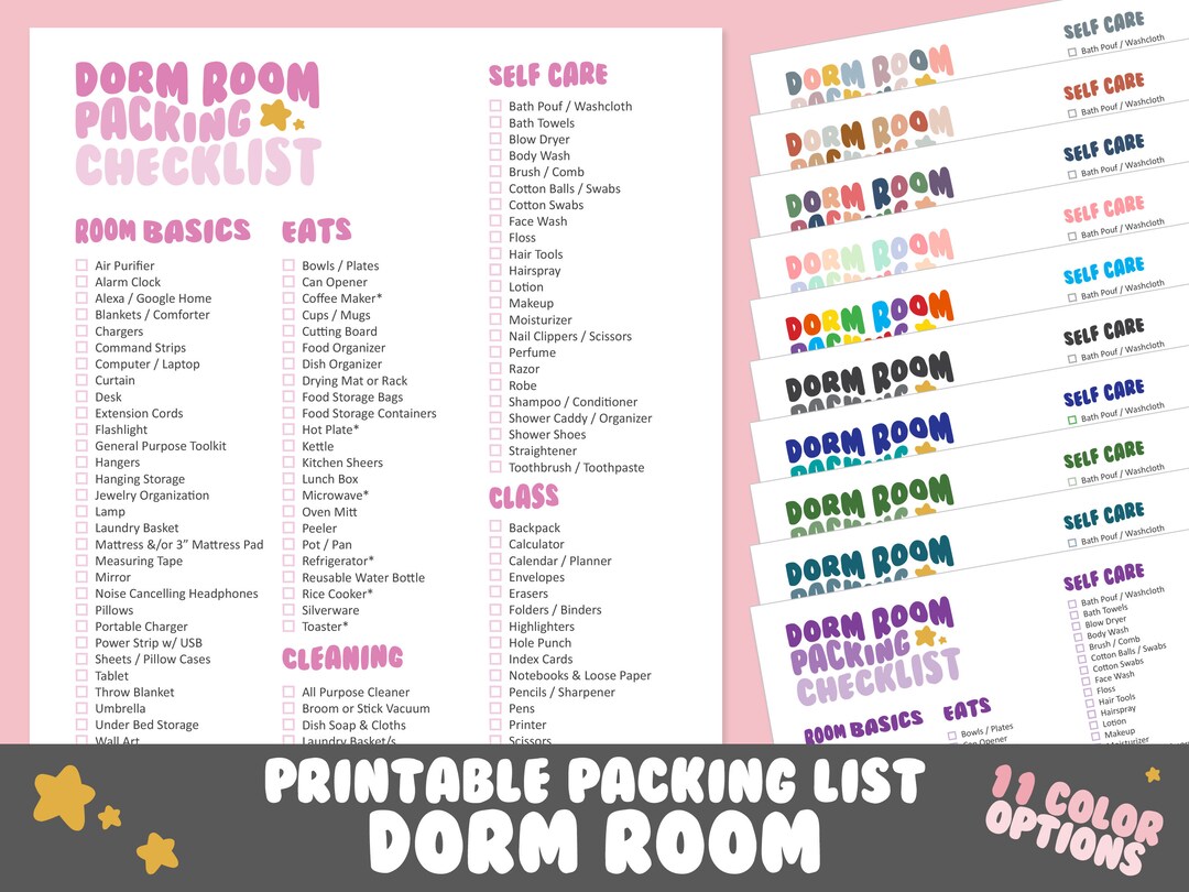 College Dorm Room Packing Planner Checklist | 11 Color Options ...