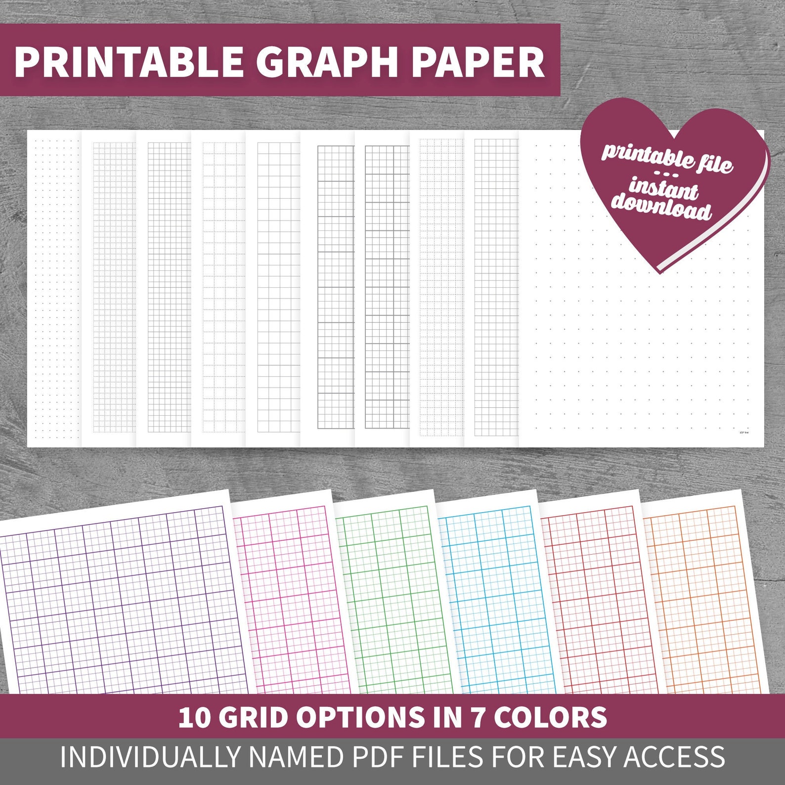 Graph Paper 10 Options 7 Colors Grid Dot Printable Download PDF - Etsy