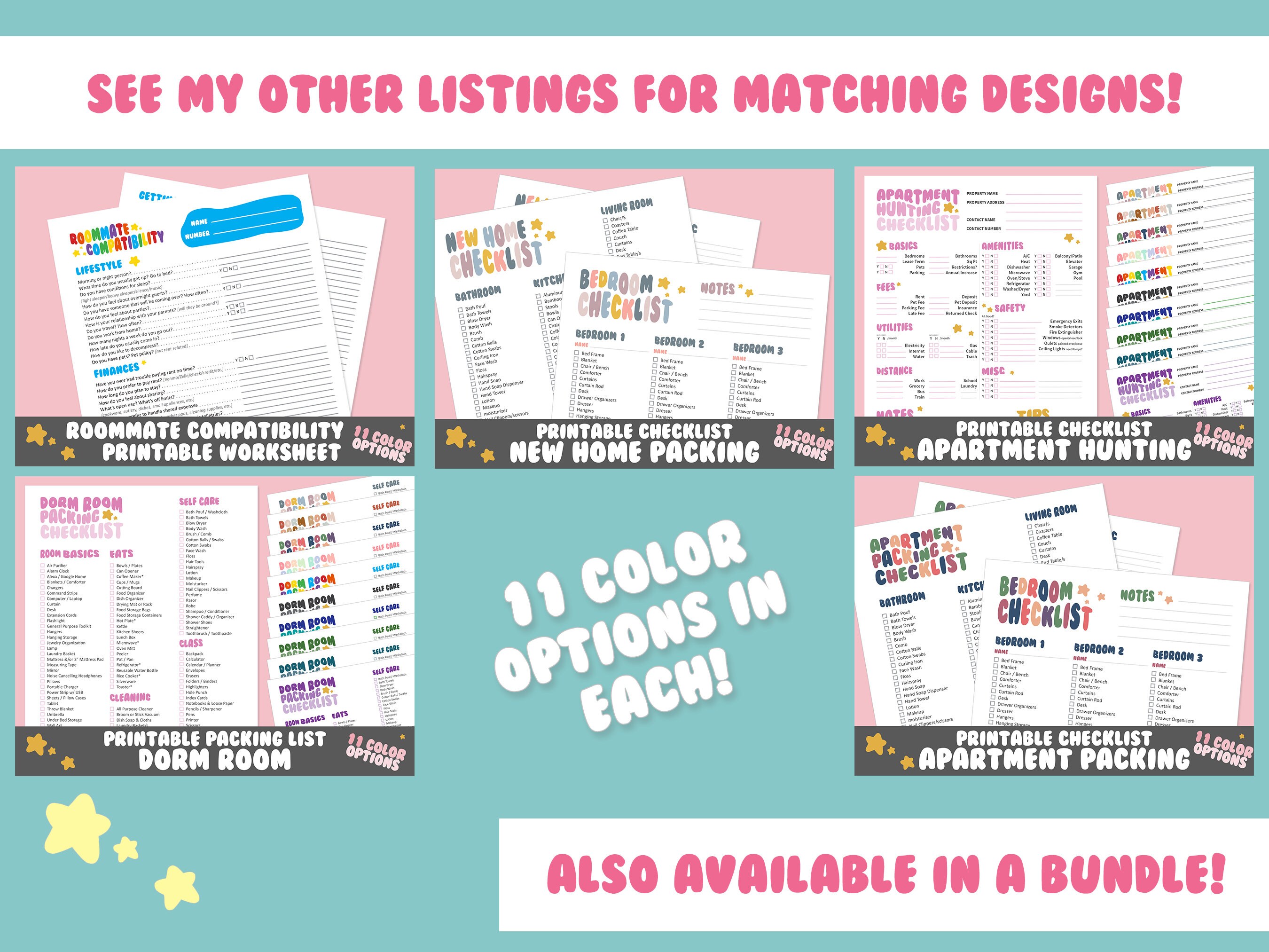 College Dorm Room Packing Planner Checklist 11 Color Options ...