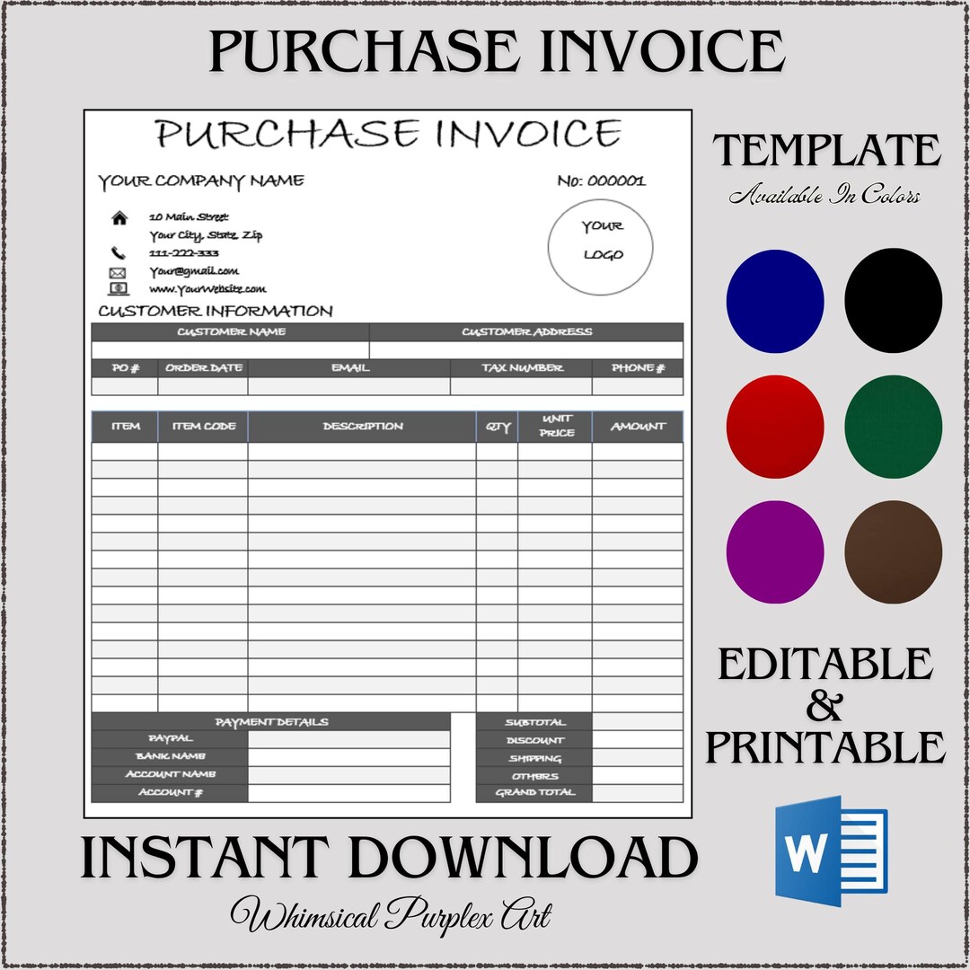 Minimalist Purchase Invoice Template, Small Business Form Editable ...