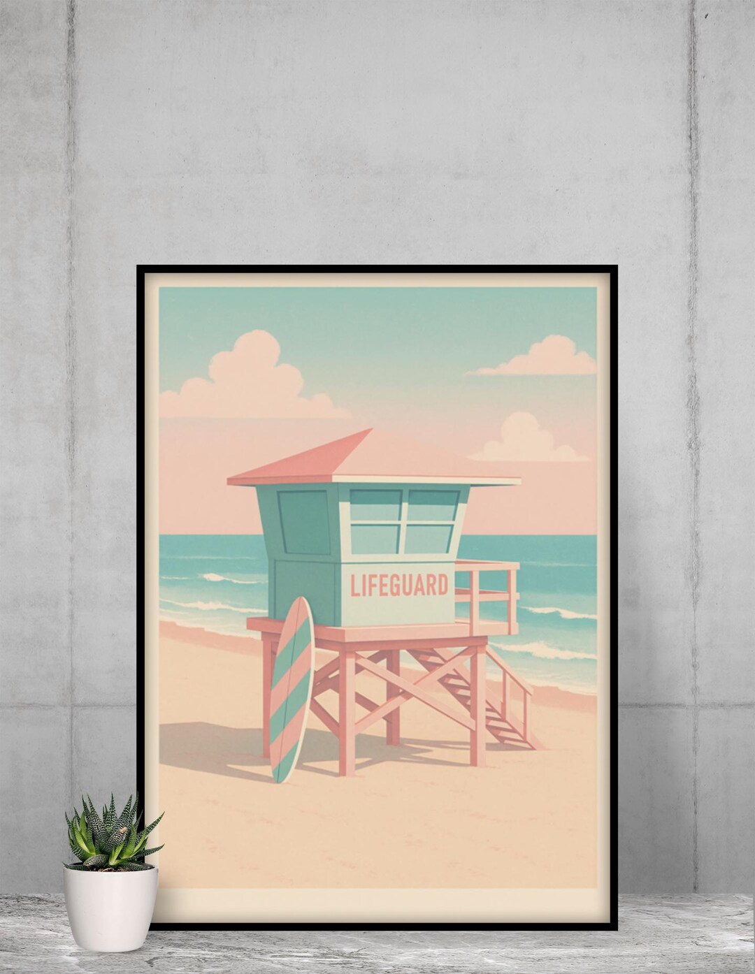 Retro Lifeguard Tower Wall Art, 80s Pastel Beach Print With Surfboard ...