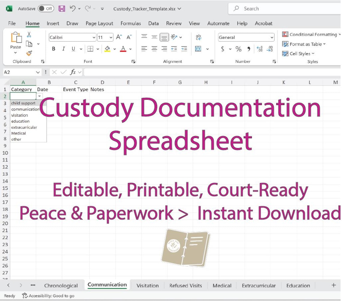 Custody Tracker Spreadsheet Toolkit – Visitation Log, Appointment Tracker, Co-parent ...