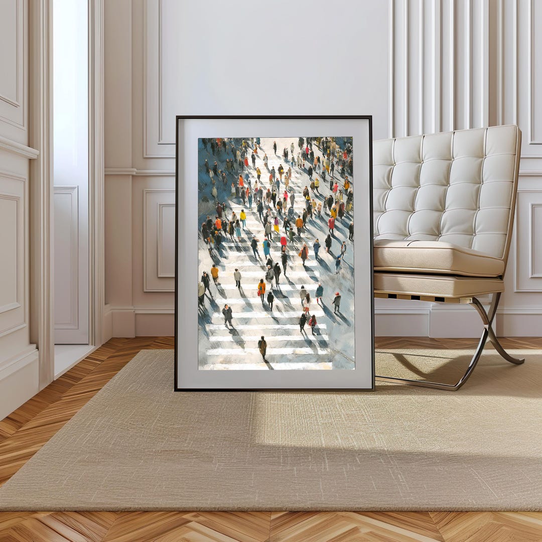 Urban Crowd Street Crossing Poster | Pastel Chalk Art Print | City Life Wall Decor | Modern ...