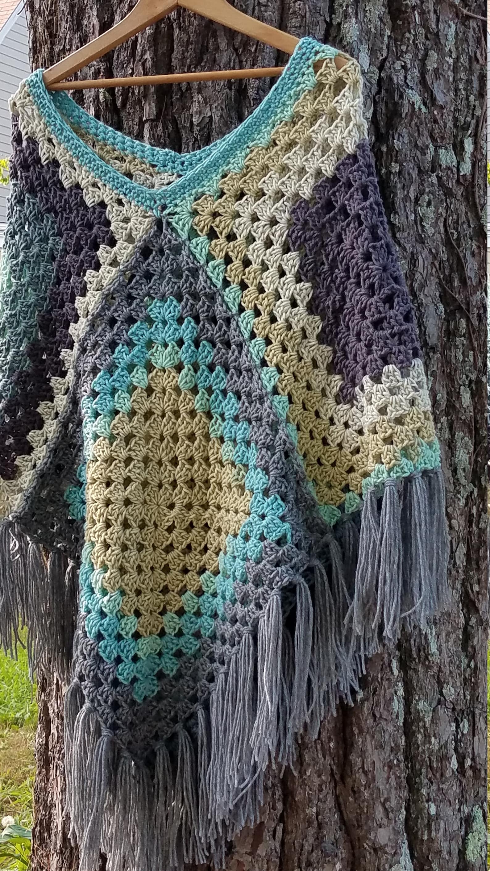 Boho granny squares poncho with fringe boho hippie poncho | Etsy