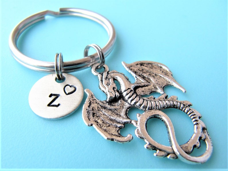 Dragon Keychain Dragon Charm Keychain Initial Keychain - Etsy