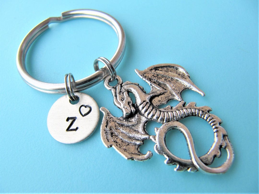 Dragon Keychain: Personalized Initial Charm, Pewter Dragon Keyring - Etsy