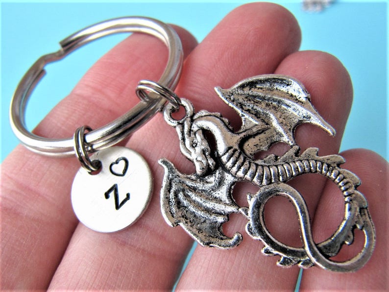 Dragon Keychain Dragon Charm Keychain Initial Keychain - Etsy