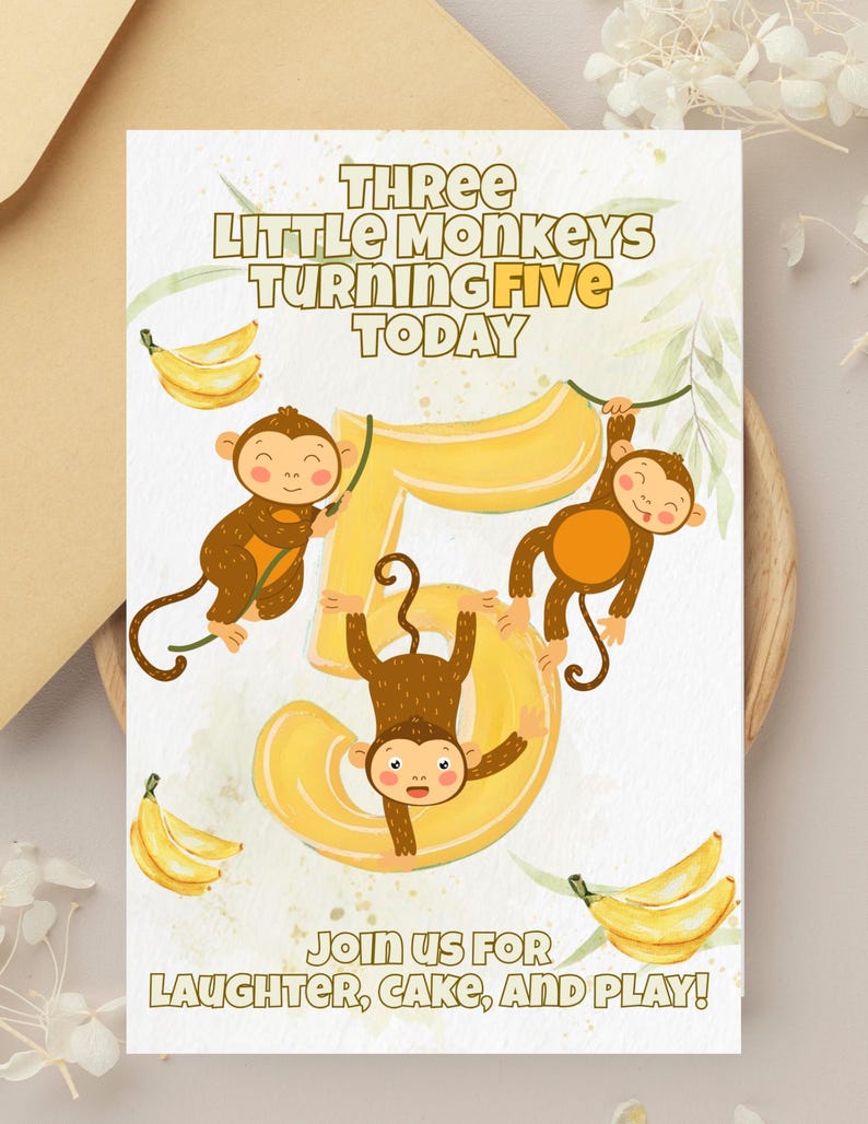 3 Little Monkeys Birthday Invitation – Digital Invite for Triplets ...