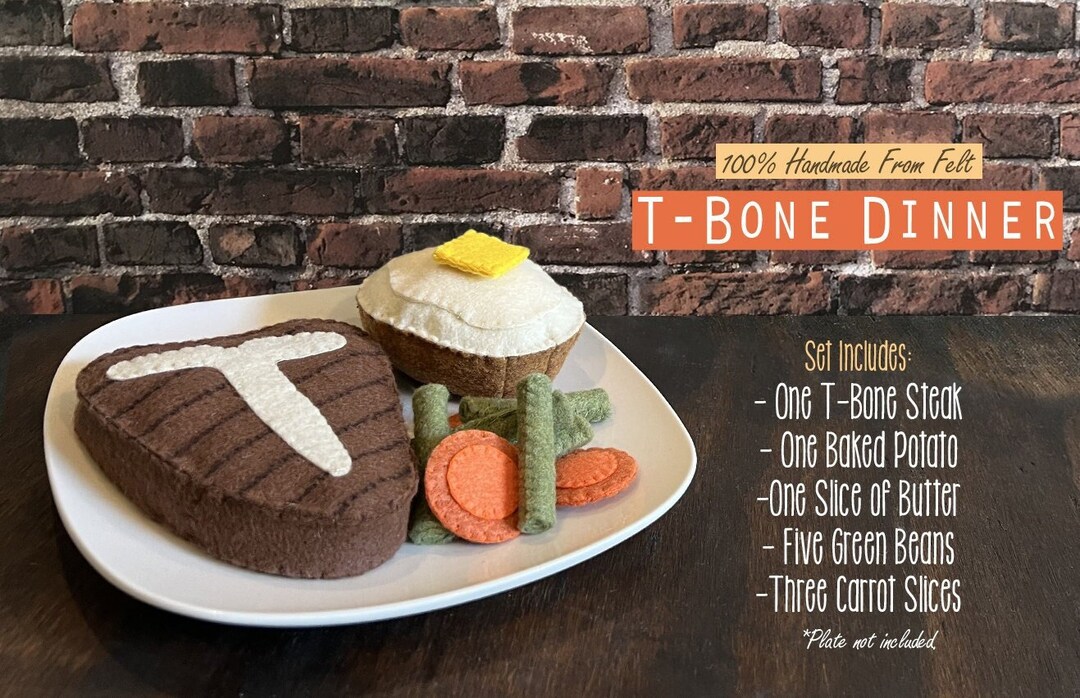 Felt Play Food - T-bone Steak Dinner (felt Food, Pretend Play Kids ...