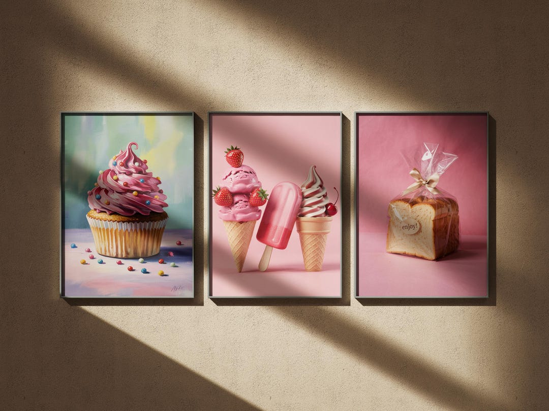 Ice Cream Dessert Poster Set of 3 Pink Kitchen Wall Art Cute Cupcake ...