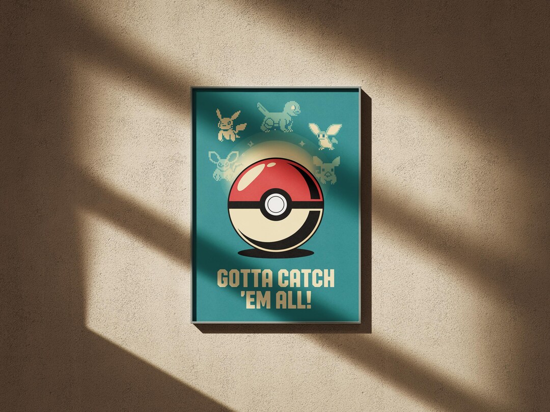 Pokeball Poster Retro Pokemon Pixel Art Wall Print Illustration Gamer ...