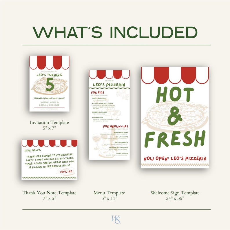 Pizza Party Invitation Bundle: Kids Birthday Stationery Set (canva ...