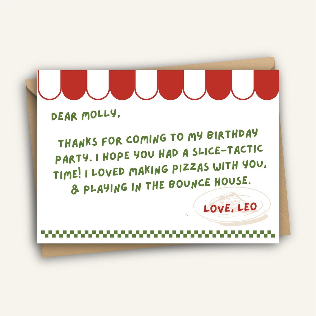 Pizza Birthday Thank You Card | Editable Kids Party Stationery ...