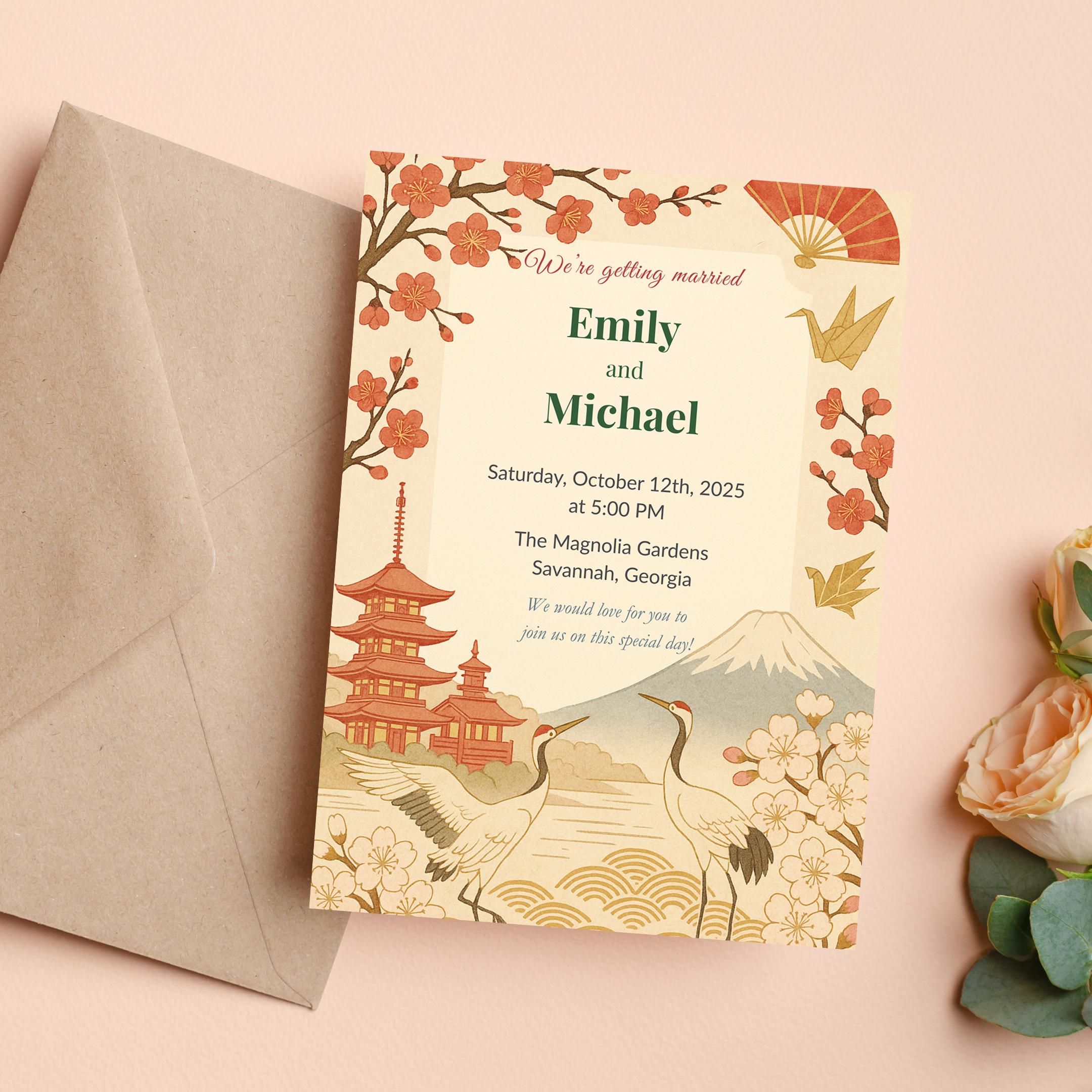 Japanese Wedding Invitation, Crane Pagoda, Oriental Editable Canva ...