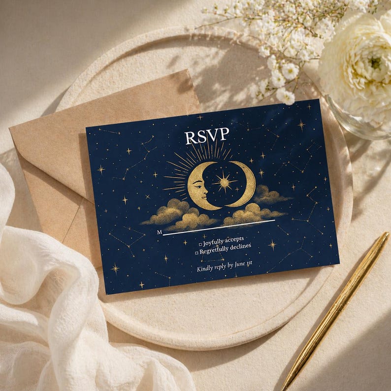 Celestial Wedding Invitation Suite, Moon Stars Canva Template, RSVP ...