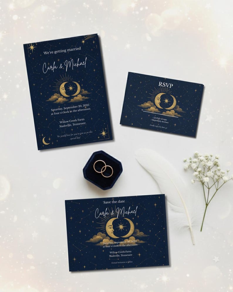 Celestial Wedding Invitation Suite, Moon Stars Canva Template, RSVP ...