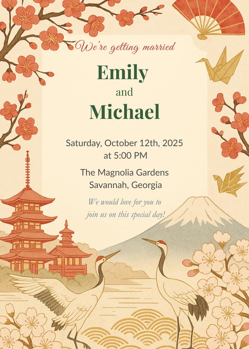 Japanese Wedding Invitation Crane Pagoda, Traditional Editable Canva ...