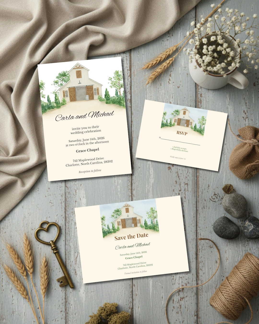Rustic Barn Wedding Invitation Suite Canva Template, Farmhouse Country ...