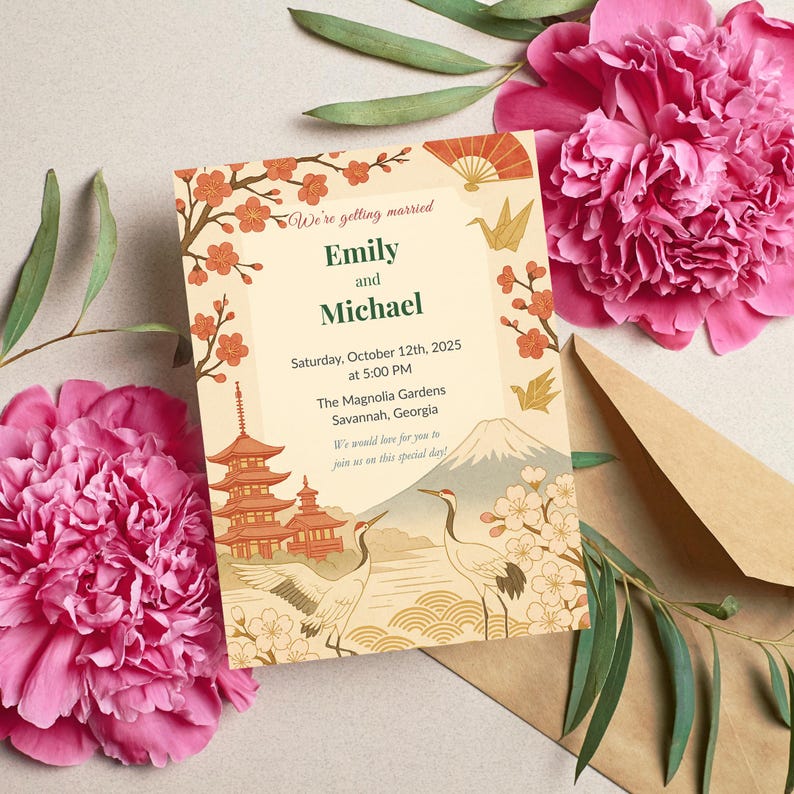 Japanese Wedding Invitation, Crane Pagoda, Oriental Editable Canva ...