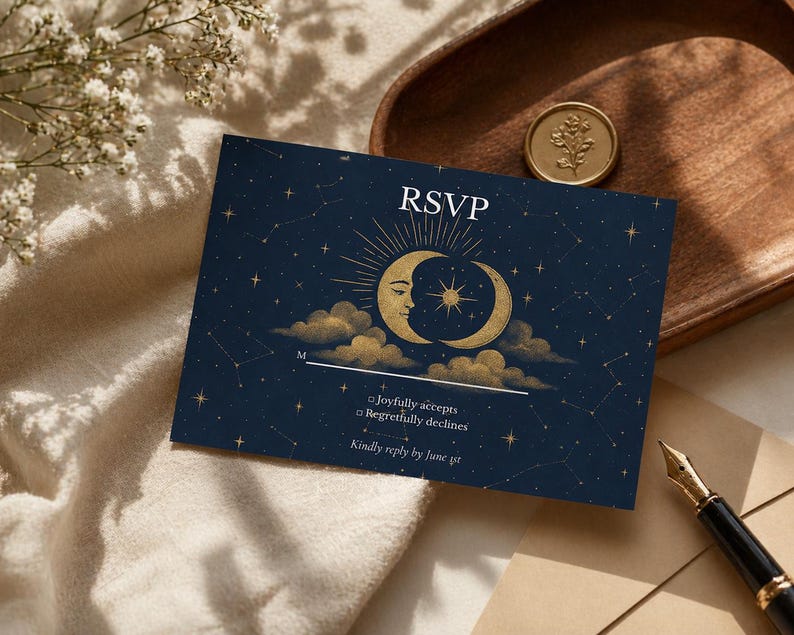 Celestial Wedding Invitation Suite, Moon Stars Canva Template, RSVP ...
