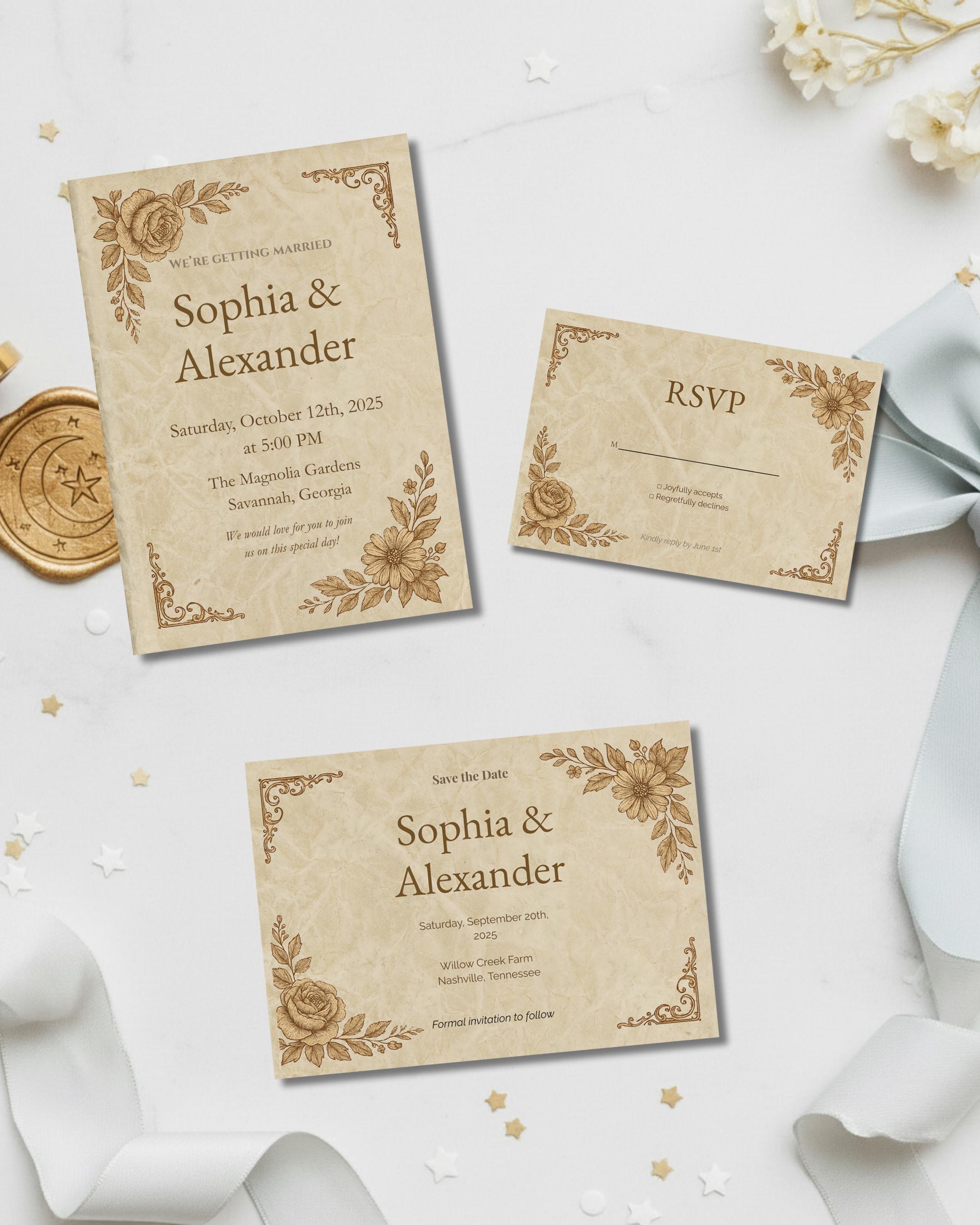 Vintage Rose Wedding Invitation Suite, Save the Date & RSVP Editable ...