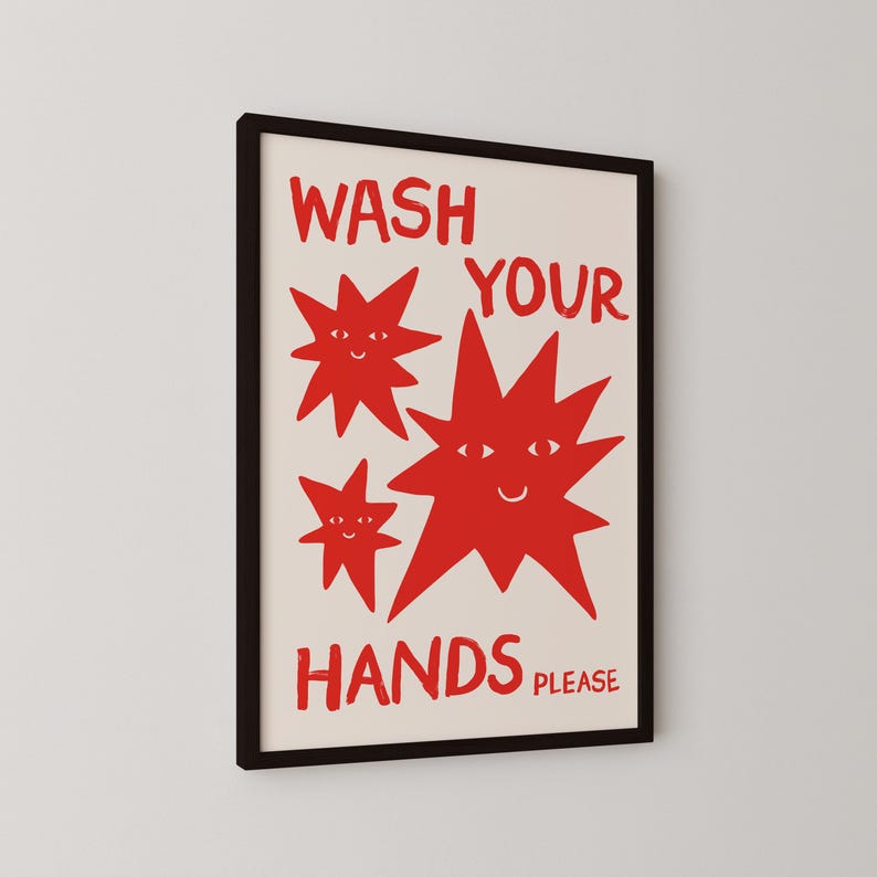 Funny Bathroom Print: Wash Your Hands, Red and White Stars Poster ...
