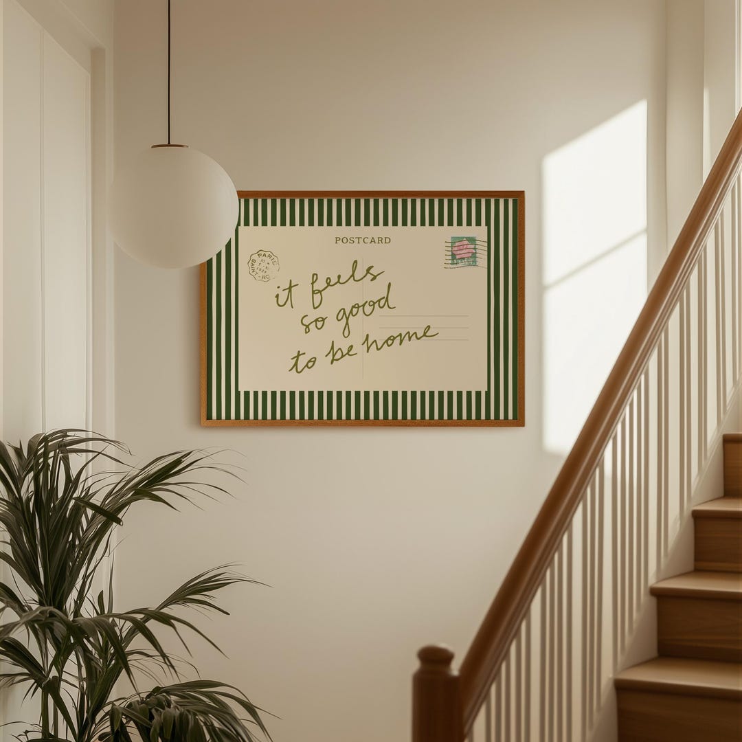 Vintage Postcard Print: It Feels so Good to Be Home, Green Stripe Wall ...