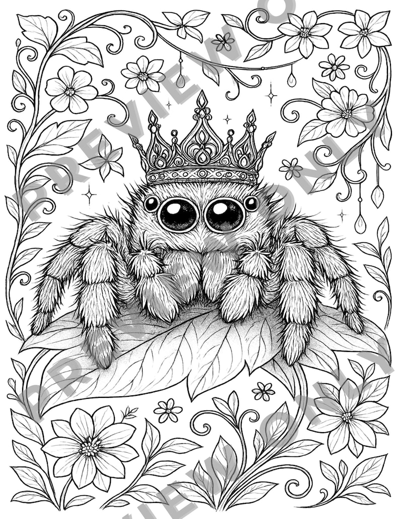 Jumping Spider Coloring Page – Fantasy Insect Line Art – Printable Bug ...