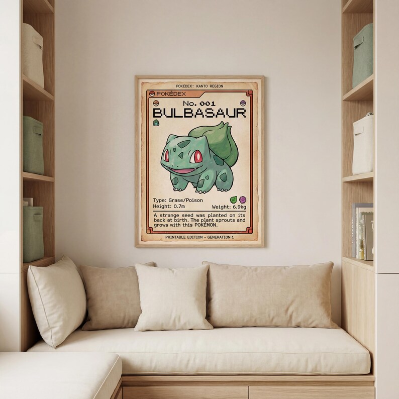 Bulbasaur Pokemon Wall Art Printable, Pokedex Poster, Retro Gaming ...