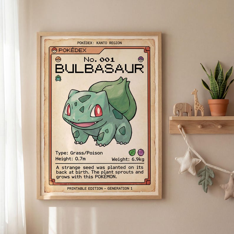 Bulbasaur Pokemon Wall Art Printable, Pokedex Poster, Retro Gaming ...