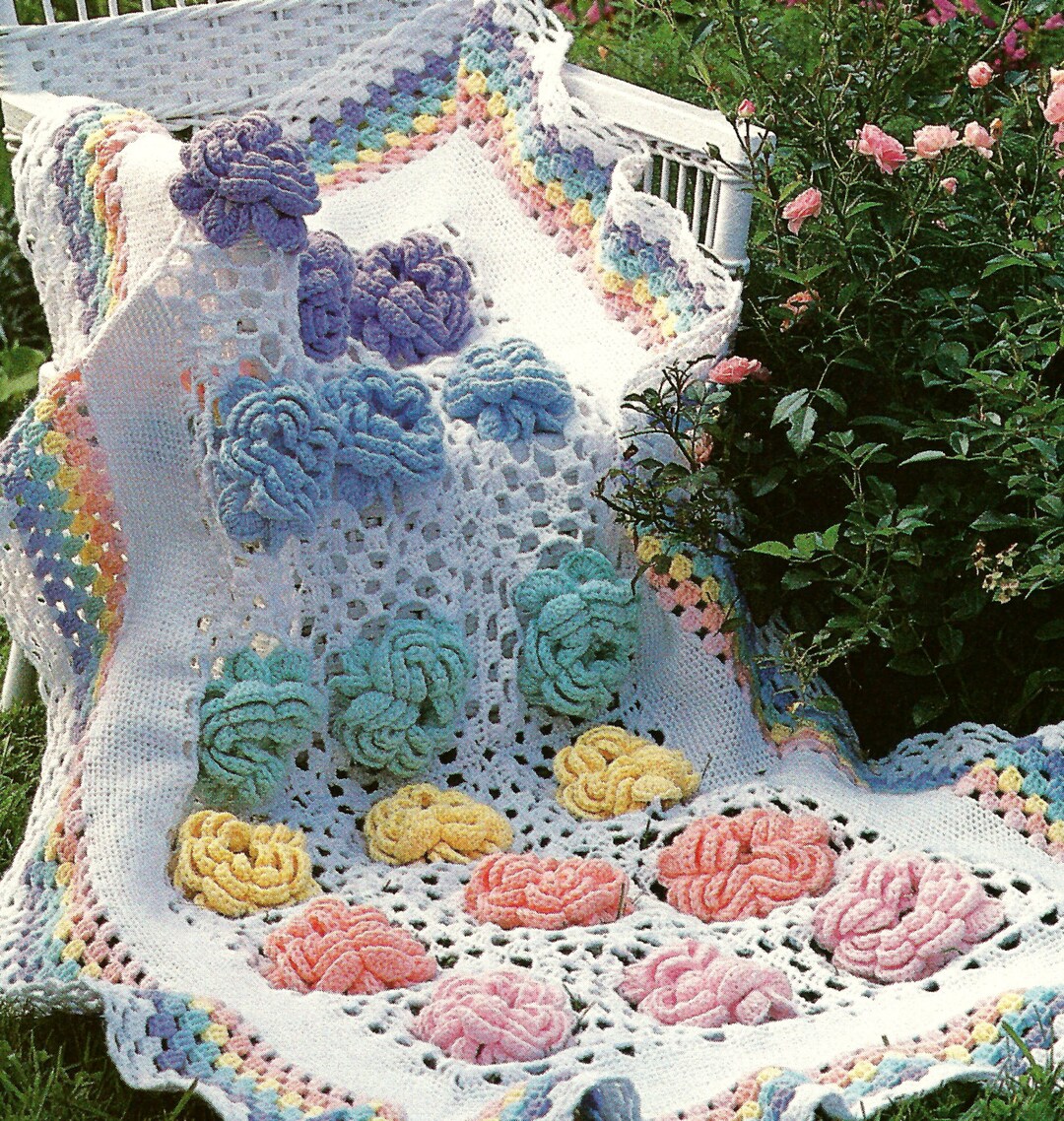 Crochet Pattern Granny Square Blanket Cabbage Rose Flower Afghan Throw ...