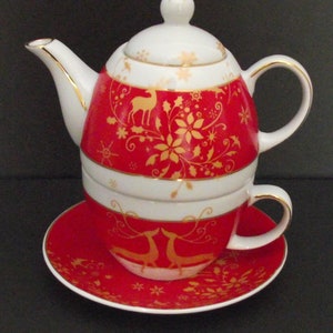 Sorelle Fine Porcelain Single Serve Tea Set Reindeer Red White Gold ...