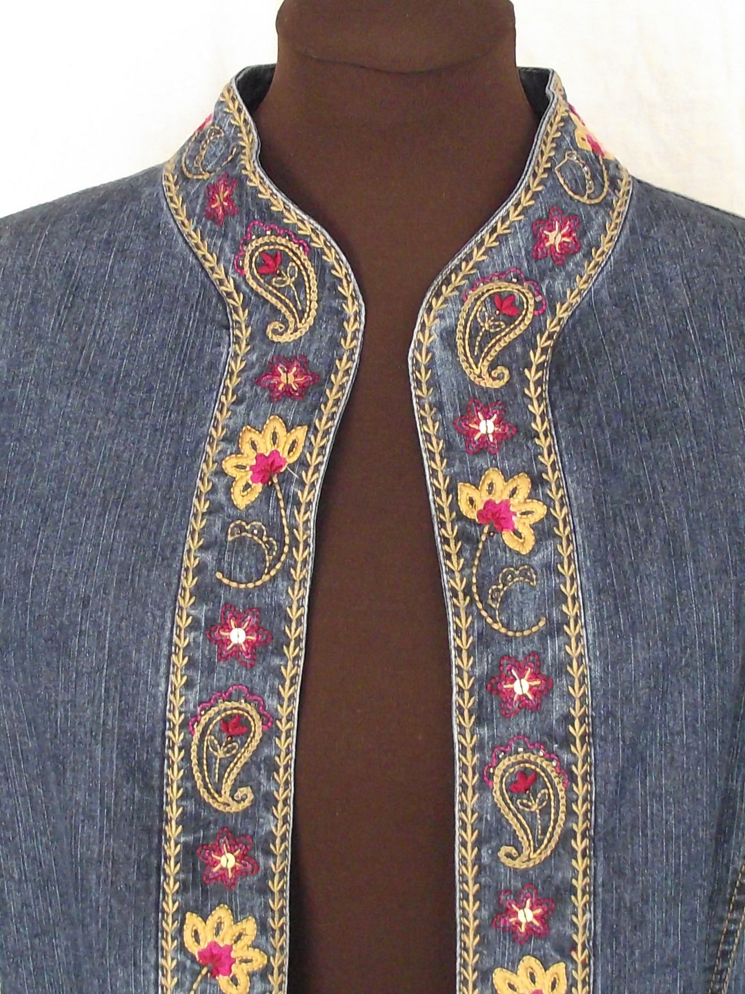 Alfred Dunner Denim Blue Jean Open Front Jacket Sz 18 Stand up ...