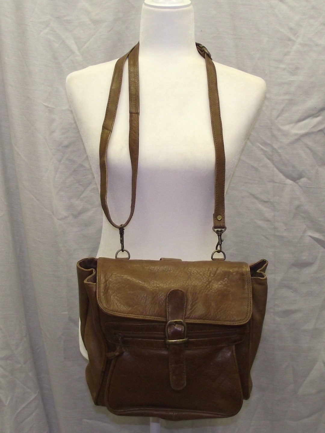 Brown Leather Shoulder/crossbody/back Pack Purse Thin Adjustable Strap ...