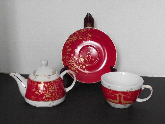 Sorelle Fine Porcelain Single Serve Tea Set Reindeer Red White | Etsy