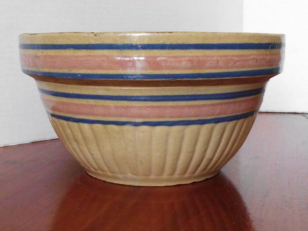 Antique Rare Stoneware Yellow Ware Banded Ribbed Rim Mixing Bowl ...