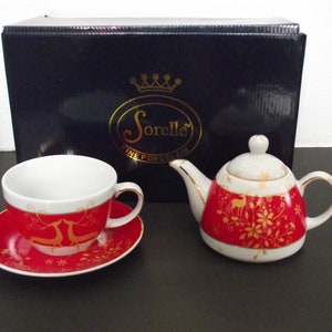 Sorelle Fine Porcelain Single Serve Tea Set Reindeer Red White Gold ...