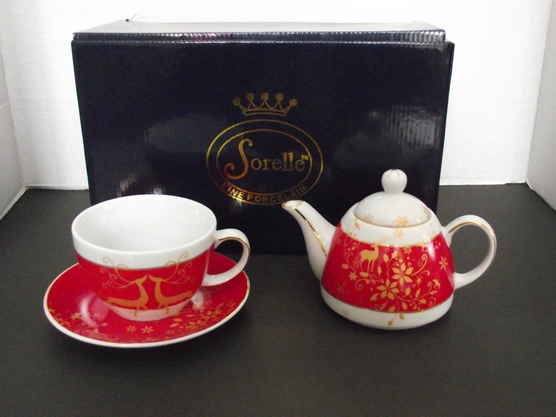 Sorelle Fine Porcelain Single Serve Tea Set Reindeer Red White - Etsy