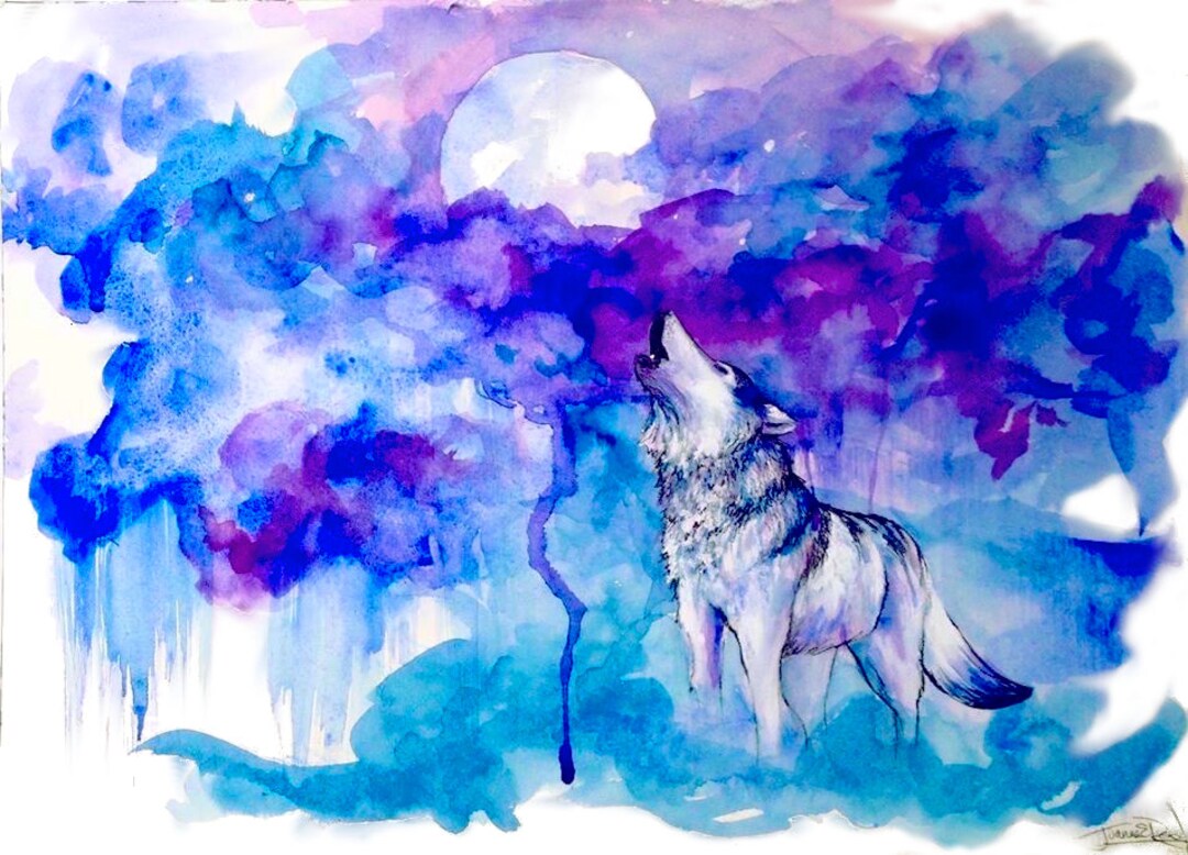 Wolf Watercolor Wall Art, Vibrant Full Moon Nature Healing Art, Women ...